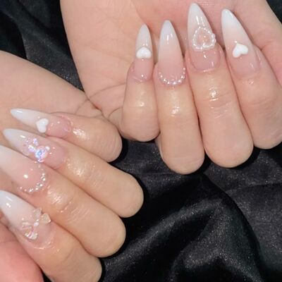 24pcs full cover graident white bear false nails with almond