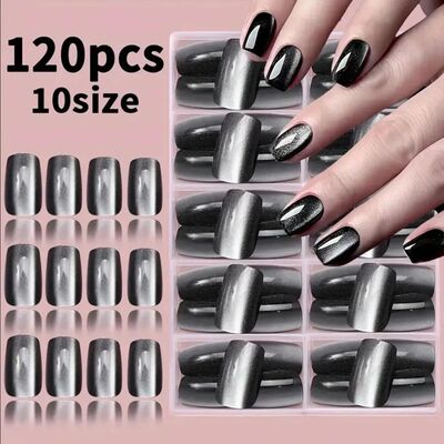 120Pcs/Box Black Cat Eye Fake Nails Glossy Short Square Pres