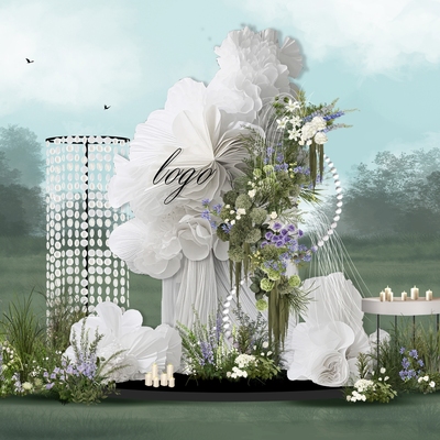 o355户外小清新白绿紫色婚礼手绘花艺大型纸艺psd分层源文件素材