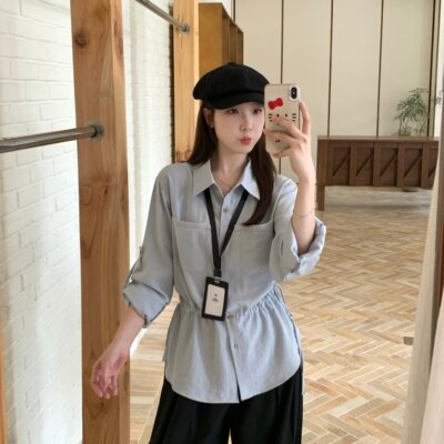 大码韩系Polo领休闲长袖衬衣抽绳设计感两穿收腰显瘦上衣