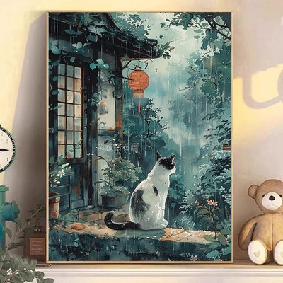 日系DIY方钻满钻钻石画钻石绣雨天森林小屋窗台远处眺望的猫咪