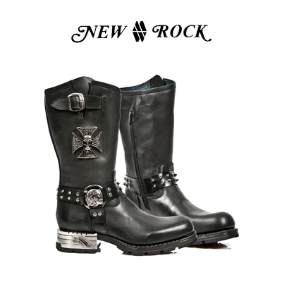 NEWROCK官方正品真皮手工定制简约骷髅铆钉摩托机车中筒骑士靴