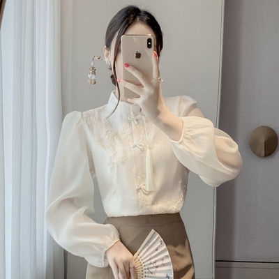 新中式国风盘扣衬衫春装女2025年新款设计感洋气宽松长袖立领上衣