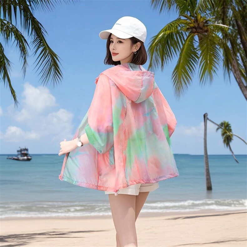 防晒衣女夏季薄款彩虹色印花中长款宽松透气防晒开衫外套休闲时尚