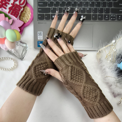 毛线半指手套男女秋冬韩版加厚菱形麻花针织保暖加厚触屏护腕防寒