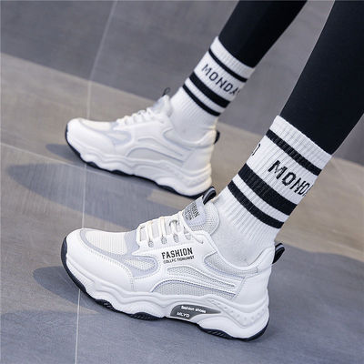 Women thick soled dad shoes, white shoes, mesh sports shoes