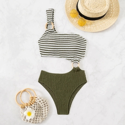 不规则镂空单肩连体泳衣欧美性感露腰游泳衣温泉辣妹显瘦swimsuit