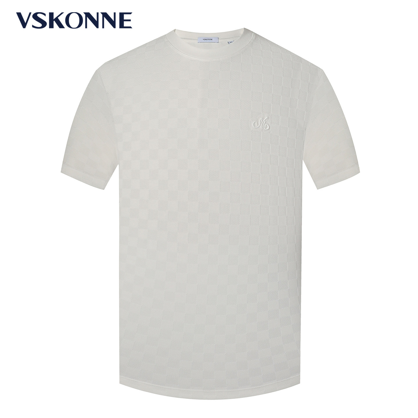 VSKONNE/威斯康尼男装夏季男士短袖白色棉格纹提花打底圆领T恤衫