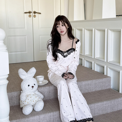 BK* 【元英啊】加厚波点气质印花超嗲蝴蝶结钻海岛绒蕾丝家居服