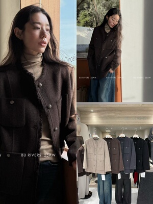 BU RIVERS2025冬新款韩系圆领经典高级感百搭小香风手工羊毛外套