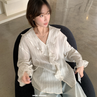 IMISS-春上新简约荷叶边V领宽松小衫R20501