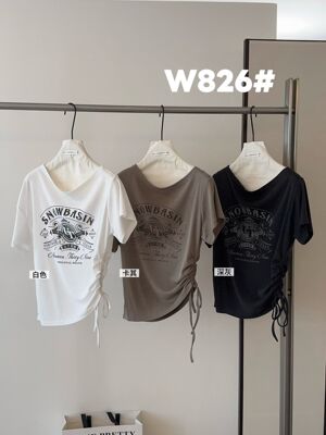 ACME PRETTY韩系收腰显瘦斜领露肩字母印花抽绳褶皱短袖T恤女W826