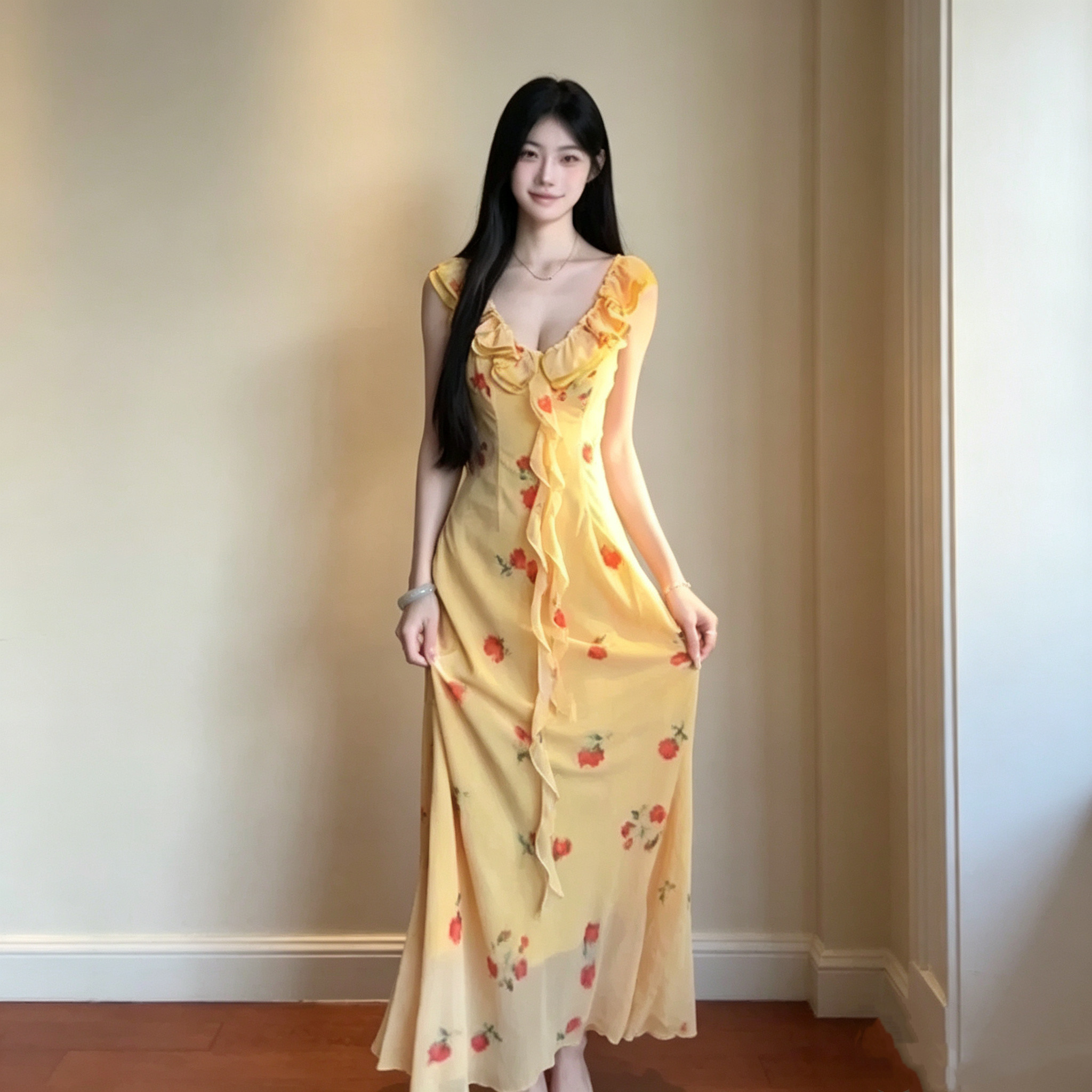 黄昏玫瑰 花边吊带碎花连衣裙鱼尾长裙法式V领荷叶边设计感度假裙