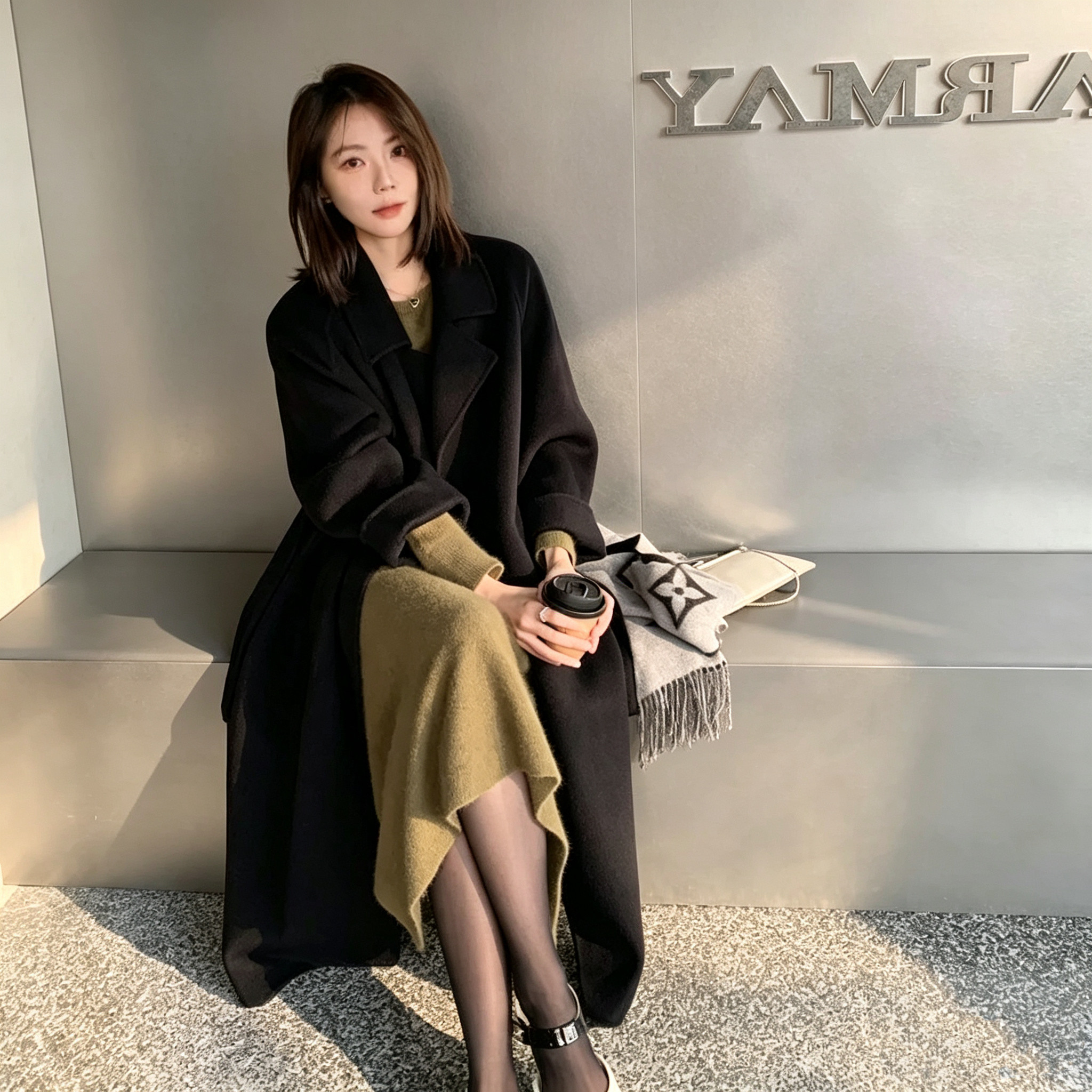 新款高级感宽松毛呢外套女大码秋冬季中长款百搭小个子红色大衣
