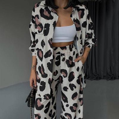 Women Clothes Set Long Sleeve Shirt Wide Leg Pants衬衫阔腿裤