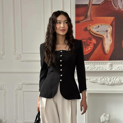 Women Black Coat Outwear春秋新款欧美上衣感方领修身黑色外套