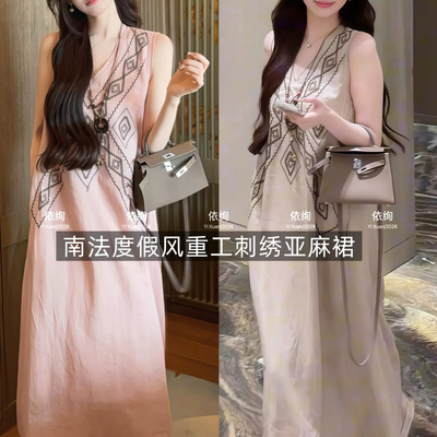 -夏上新南法度假风重工刺绣亚麻长裙遮肉亚麻连衣裙30655