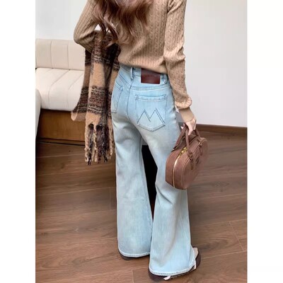 胖mm浅蓝色加绒加厚裤水洗喇叭裤