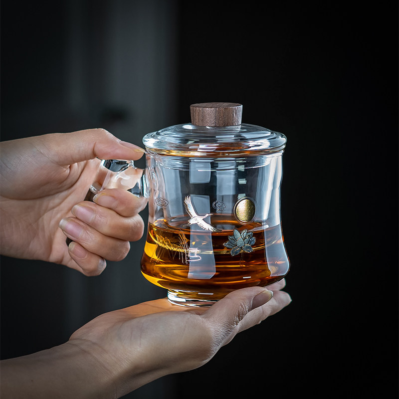 玻璃泡茶杯家用茶水分离办公室过滤中式木把带盖花茶杯子男女水杯