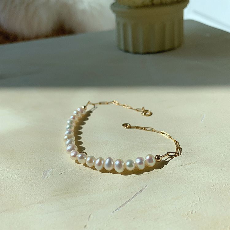 KEAI*手工制天然淡水珍珠手链美国进口14k注金可调节方形链条原创_虎窝淘