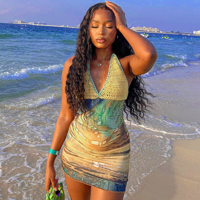 2026 Printed Splicing Neck and Hip Wrapping Dress包臀连衣裙