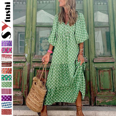 Women's loose Bohemian V-neck printed dress long skirt dress