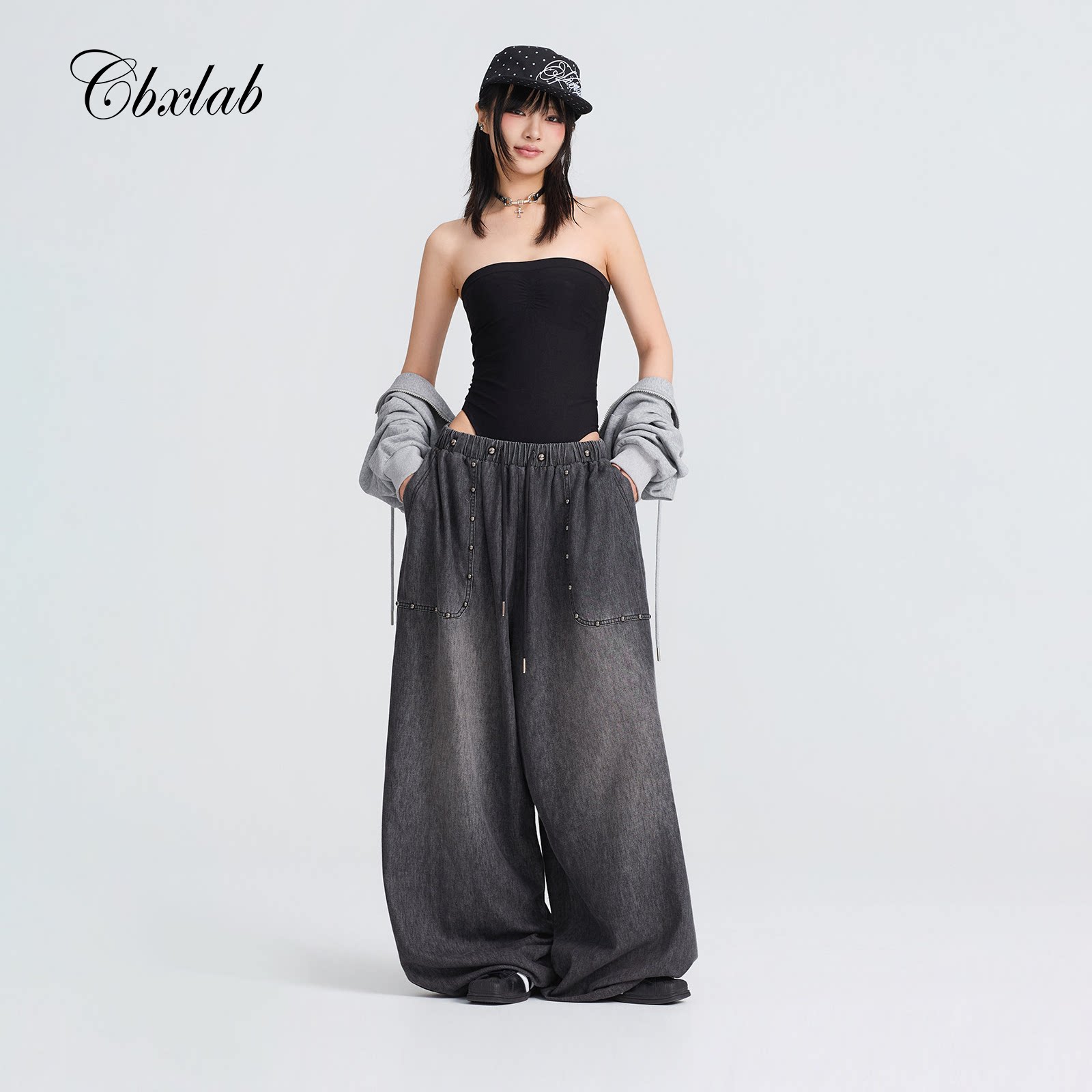 CBXLAB街舞潮牌水洗做旧铆钉嘻哈牛仔长裤美式辣妹街头跳舞休闲裤