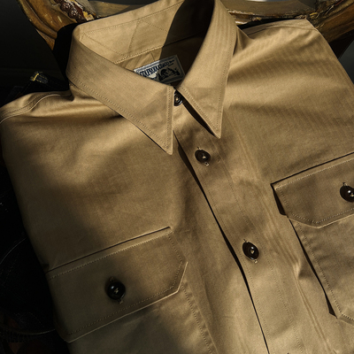 美式复古HBT鱼骨纹M-38军官衬衫卡其色工装纯棉长袖衬衣