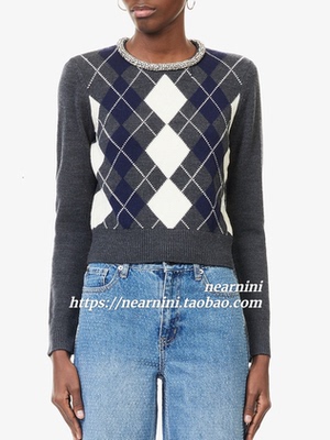 秋冬水钻圆领复古菱格修身毛衣