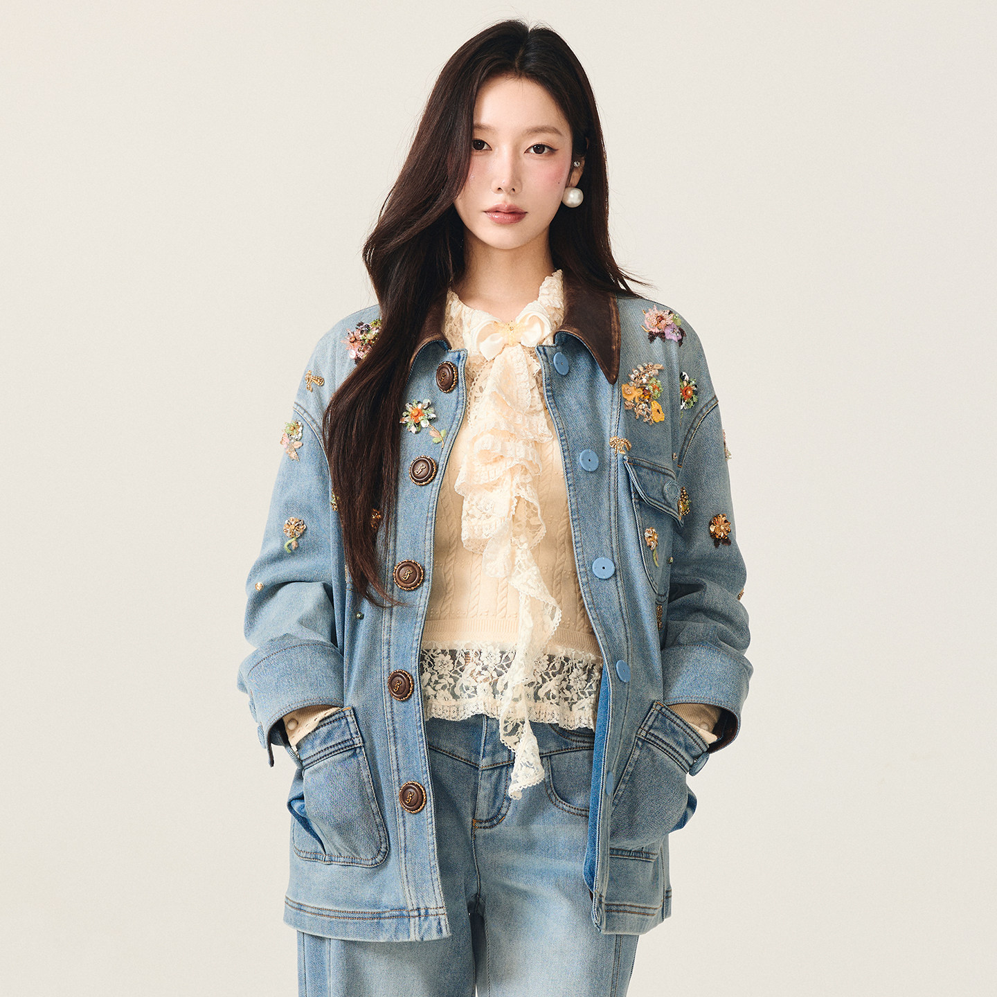 【Angelababy同款】lefame拉飞姆廓形巴恩风花朵珠饰牛仔外套