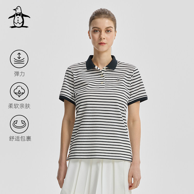 MUNSINGWEAR万星威高尔夫夏季女士条纹POLO衫短袖T恤撞色上衣女装