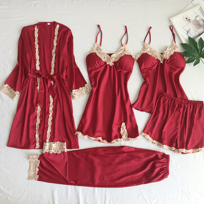 Women's sexy imitation silk sleepwear underwear five pcs set