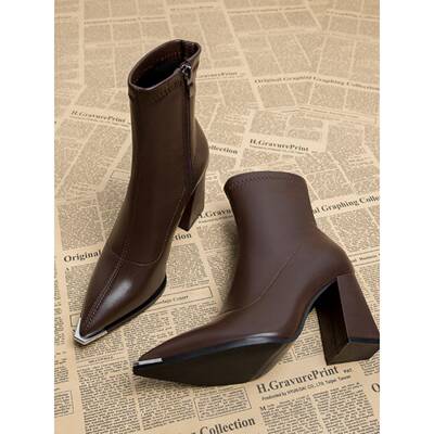 A.D Hepburn~高跟金属尖头短靴女2024新款粗跟马丁靴气质时尚显瘦