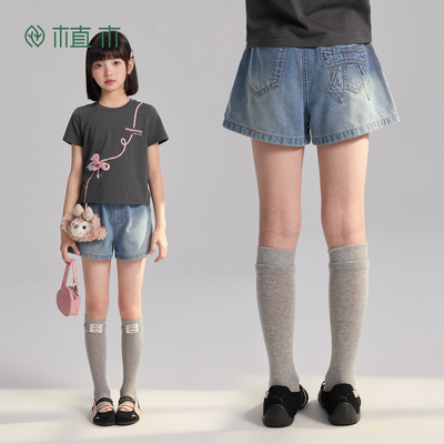 植木【蝶结少女】亲肤透气水洗短裤 女童牛仔裤子 青少年夏季新款
