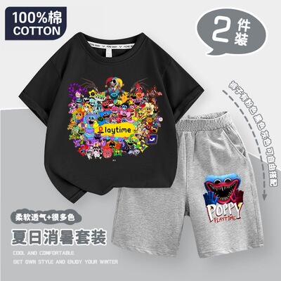 波比的游戏时间5poppy playtime夏季童装T恤儿童短袖短裤两件套潮