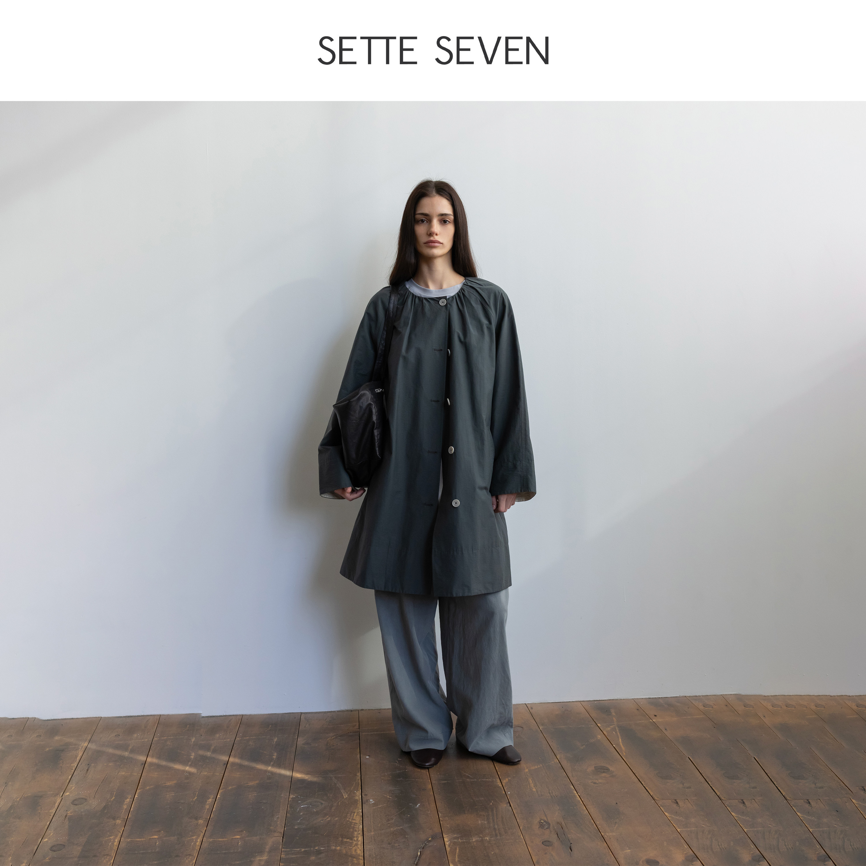 SETTE SEVEN圆领掐褶设计收腰腰带风衣女通勤纽扣撞色中长款外套