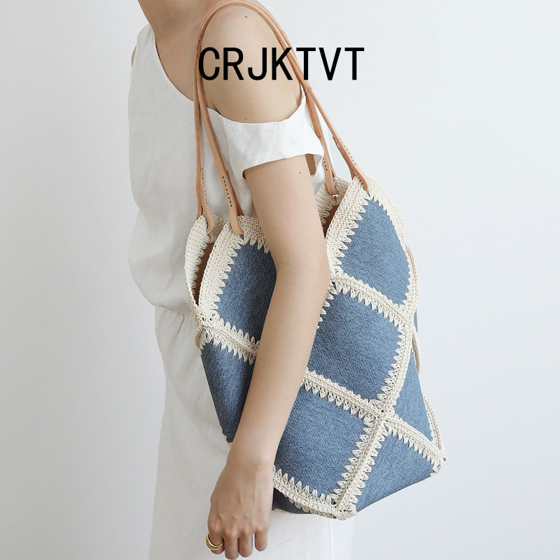CRJKTVT 2026手工真皮压纹牛仔纹理拼接钩花托特编织包度假单肩包