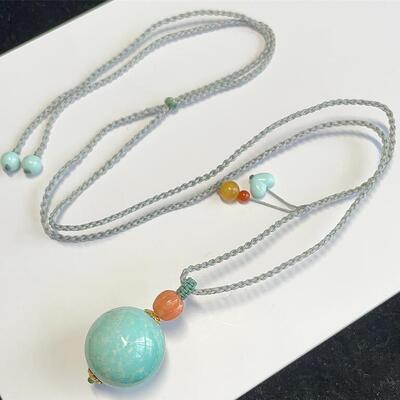 天然湖北原矿绿松石高瓷圆珠锁骨链吊坠项链18k金17.9mm无优化贺