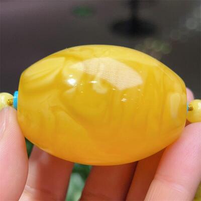 天然俄料原矿鸡油黄妖花纹蜜蜡桶珠鼓珠项链吊坠51.9克无优化贺