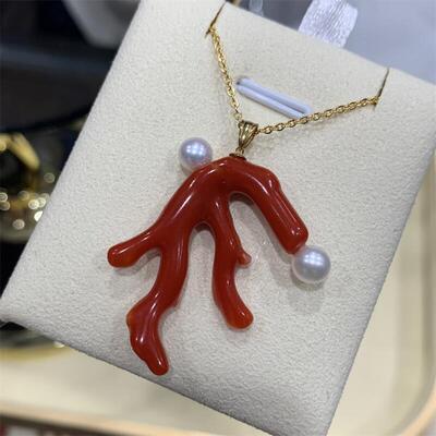 天然阿卡珊瑚18k项链吊坠39.6/32.3mm原色阿卡沙丁深海红科西嘉颂