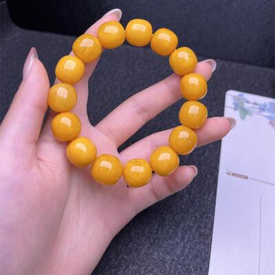 天然俄料原矿无优化琥珀鸡油黄手工老蜜蜡苹果珠手链手串14.1mm凯