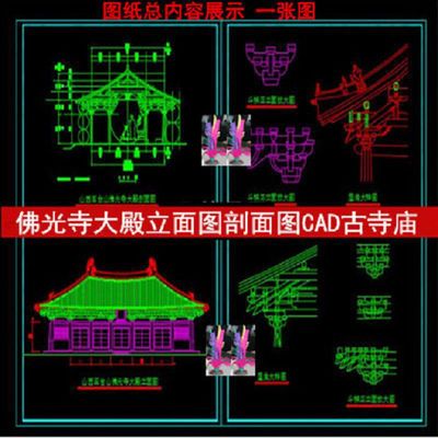 佛光寺大殿立面图剖面图斗拱屋角局部放大CAD图纸古寺庙大殿设计