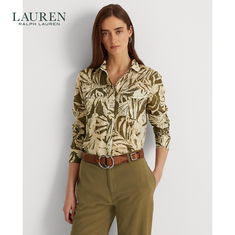 Lauren/拉夫劳伦女装经典款棕榈叶印花棉质薄纱衬衫RL61012_虎窝淘