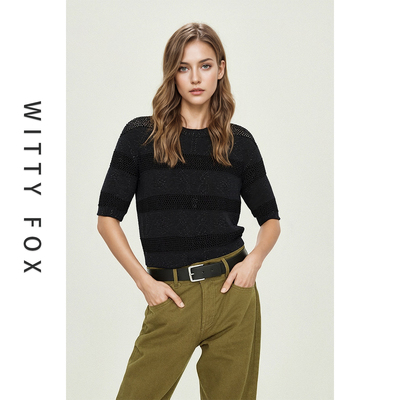 WITTYFOX法式镂空钩花亮片凉感微透短袖针织衫女上衣2025秋季新款