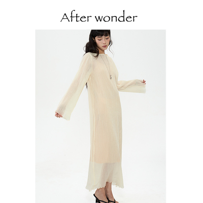 Afterwonder原创设计黄色褶皱长袖连衣裙 温柔浪漫轻灵飘逸高级感