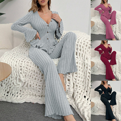 Women's Fleece Pit Wavy Ruffled V-neck Trousers Women's Oute