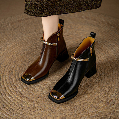 真皮粗高跟侧拉链v口显瘦靴子