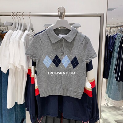 UR&DC2025秋季新款法式休闲学院风菱格polo短袖针织衫女短款上衣