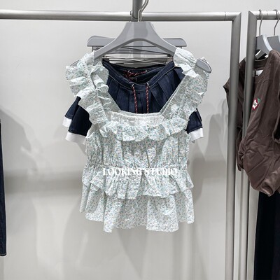 UR&DC2025夏季新款法式甜美田园风碎花叠层荷叶边吊带衫短款上衣