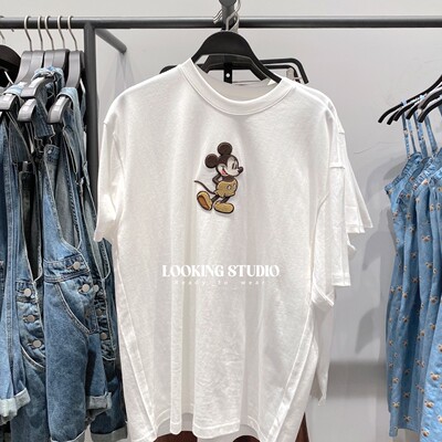UR&DC2024夏季新款设计感米奇老鼠印花纯棉宽松白色圆领短袖T恤女